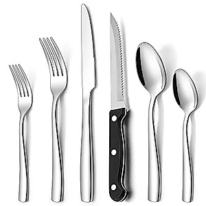 48-Piece Silverware Set with Steak Knife for 8, E-far Stainless Steel Flatware Cutlery Set for Home Kitchen Restaurant, Modern Square Tableware Eating Utensils Set, Mirror Finish, Dishwasher Safe