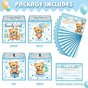 Spakon 51 Pieces Bear Diaper Raffle Tickets with Diaper Raffle Card Box for Baby Shower Decorations Diaper Raffle Sign Blue Bear Themed Insert Card Advice and Wishes Diaper Raffle Insert Ticket