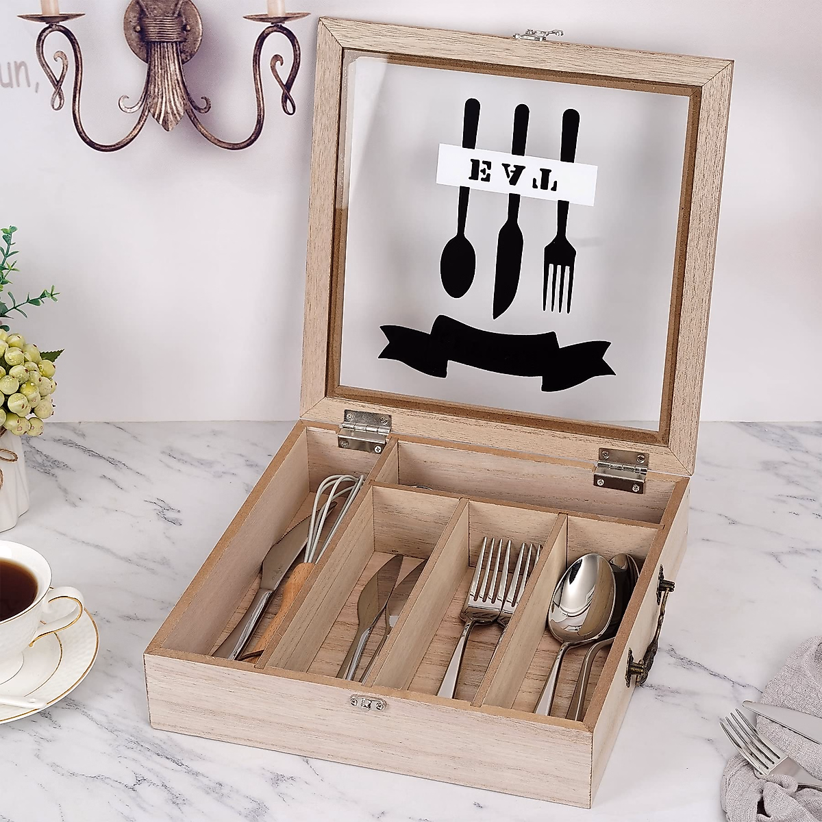 WPKLTMZ Wooden Cutlery Box with Lid Wood Cutlery Organizer Silverware Drawer Organizer with 4 Compartments for Spoon Chopsticks Storage Box Container for Kitchen Countertop Dining Table