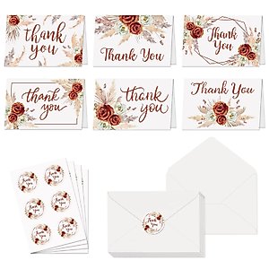 Levfla Floral Boho Thank You Cards 36 Pack Watercolor Pampas Grass Appreciation Cards Tropical Bohemian Gift Cards Set for Bridal Shower Baby Shower Weddings with Envelopes and Stickers