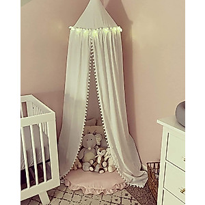 LOAOL Kids Bed Canopy with Pom Pom Cotton Canopy for Crib Baby Girl Netting Cover Canopy Crib Curtain Reading Nook Hanging Tent Nursery Play Game Castle House Decoration (White Pompom)