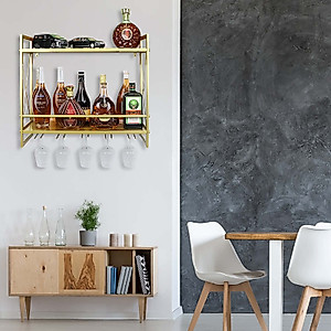 FLRH Metal Multipurpose Shelf Hung Bracket 24.2in, Gold Wine Racks Wall Mounted with Glass Holder, 2-Tiers Wall Mount Bottle Holder Glass Rack