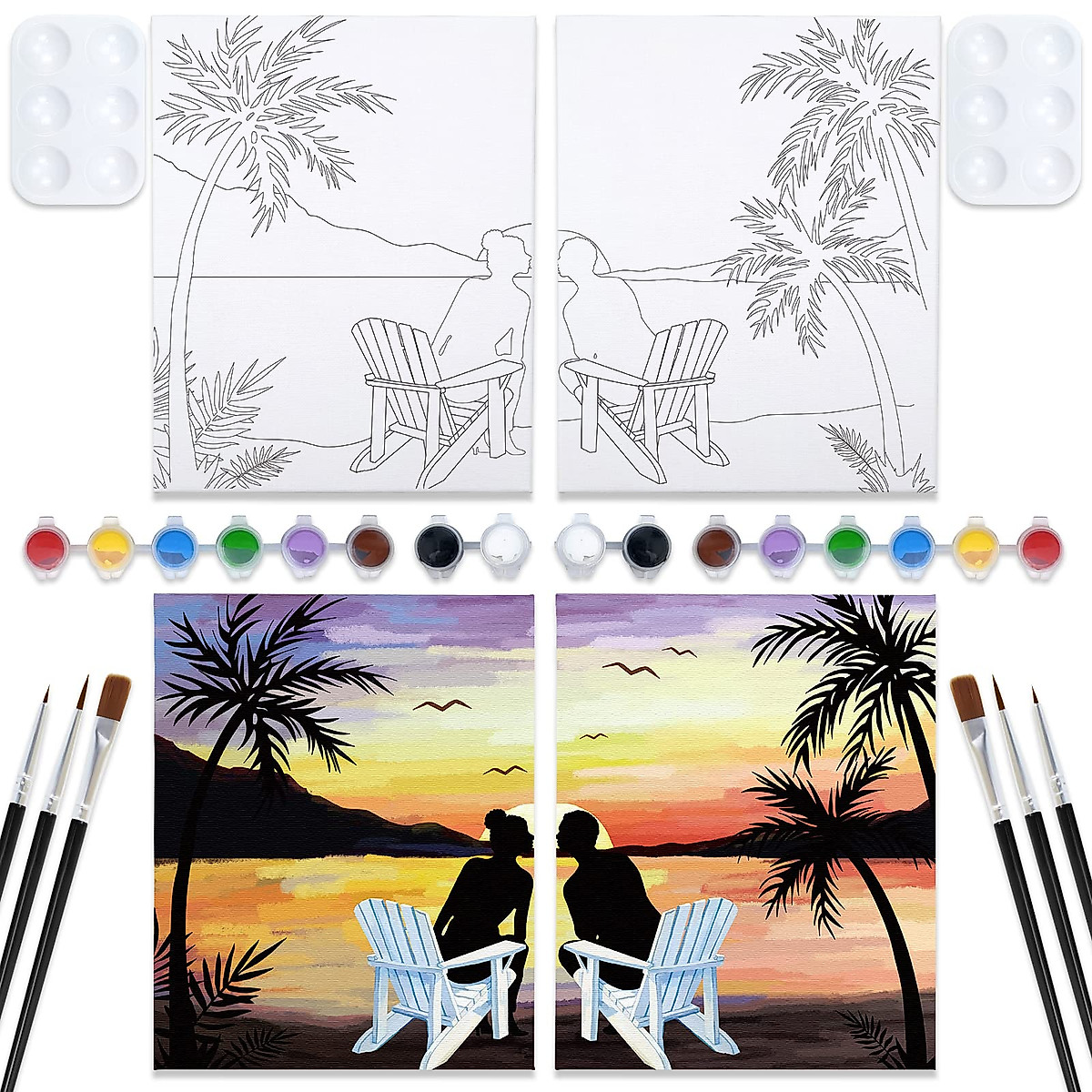 Nuberlic 2 Pack Pre Drawn Canvas for Painting Sip and Paint for Adult's Couple's Date Night Paint and Sip Kit for Outdoor Party Favor Supplies,Valentine's Day Gift(8x10)