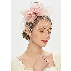 Cizoe Fascinator Hats for Women Tea Party Headband Kentucky Derby Wedding Flower Mesh Veil Fascinator (A-blush pink)