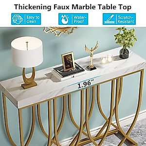 Tribesigns Gold Console Table, Modern Faux Marble Veneer Entryway Foyer Table, 39.4” Narrow Sofa Accent Table with Geometric Metal Legs for Living Room, Hallway, Entrance, White & Gold