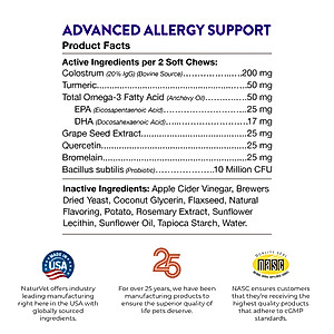 NaturVet Evolutions Advanced Allergy Support 180ct Soft Chews for Dogs - Omega-3, Anchovy Oil, Colostrum, Turmeric, Quercetin, Probiotic - Help Maintain Normal Histamine Levels
