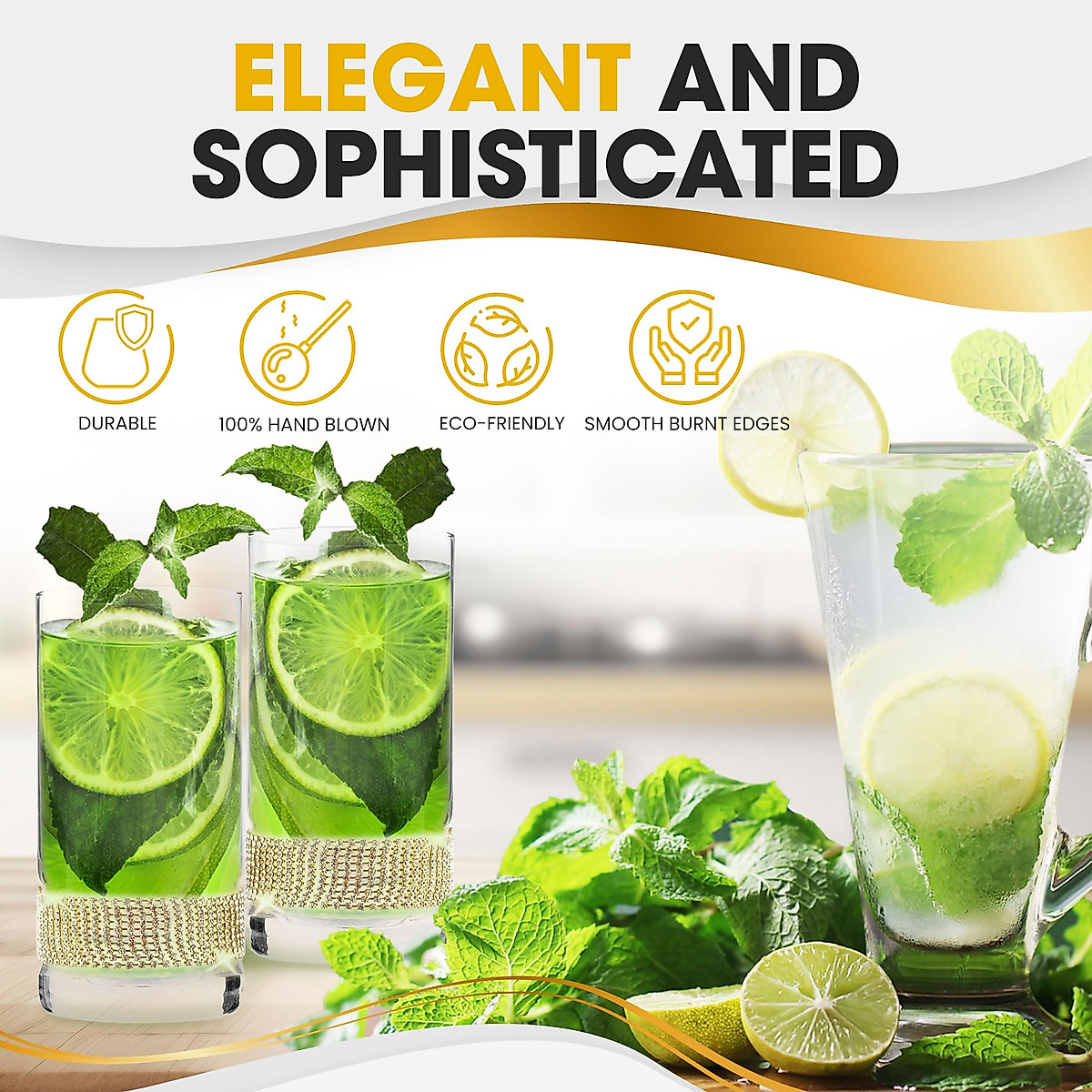 BERKWARE Luxurious Highball Glasses - Elegant Cocktail Glasses & Tom Collins Glasses with Rhinestone Design, 16oz (Set of 6)