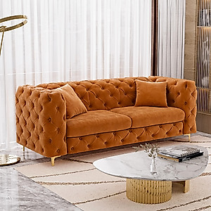 OUYESSIR 75" Comfy Modern Velvet Sofa Couch, Upholstered Deep Seat Sofa Tufted Couch with Metal Gold Legs and Pillows for Living Room Bedroom Office, Orange
