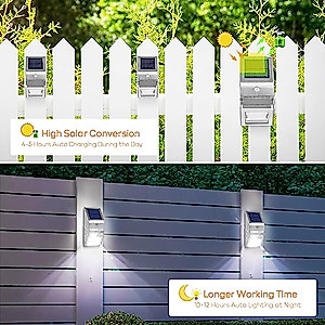 NEWNEN 4 Pack Fence Solar Lights, Stainless Steel Metal Solar Deck Lights Fence Lights, Motion Sensor Solar Outdoor Lights Waterproof for Fence Deck Yard Patio Garage Garden, Cool White