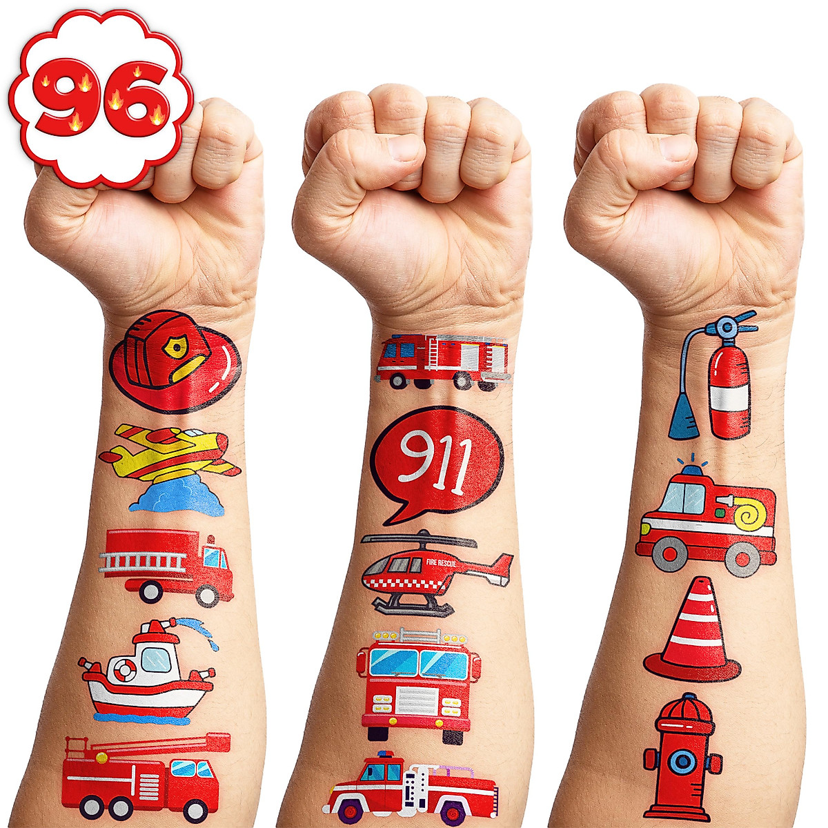 (96 PCS) Firefighter Fire Truck Fireman Temporary Tattoos Themed Birthday Party Decorations Favors Supplies Cute Tattoo Stickers For Children Boys Girls Games School Gifts Rewards Home Activity