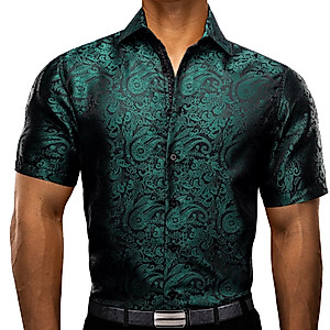 Men's Silk Shirt Paisley Floral Jacquard Short Sleeve Button Down Dress Shirts Formal Casual Wedding Party Deep Green