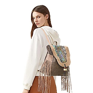 HUANGGUOSHU Women Leather Backpack Purse Boho Hippie Embroidery Bag Western Vintage Travel Fringe Stitch Backpack (Brown01)