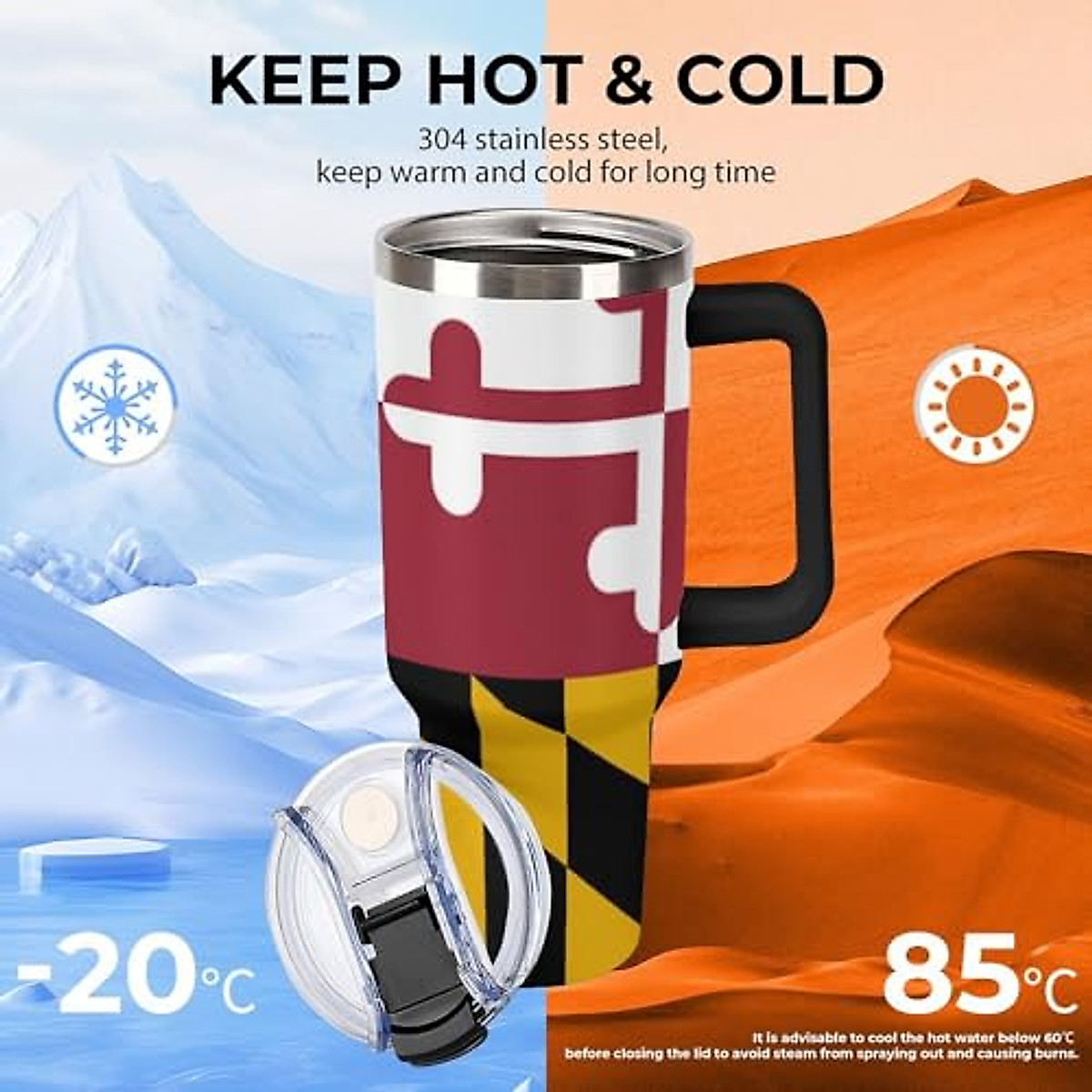 Maryland Flag Insulated Tumblers with Handle Stainless Steel Coffee Mug Funny Travel Cup with Lid Straw 40oz