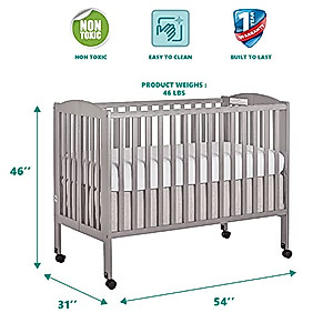 Dream On Me Full Size 2-in-1 Folding Stationary Side Crib in Steel Grey, Locking Wheels, Folds Flat for Storage, Comes with Teething Guard, Non-Toxic Finish