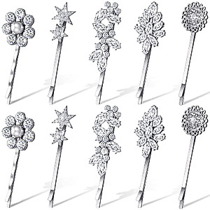 Waydress 10 Pcs Vintage Hair Pins for Women Vintage Rhinestone Bobby Pin Star Decorative Barrette Flower Leaf Feather Sunflower Metal Hair Accessories(Silver)