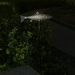 KAIXOXIN Solar Garden Lights Metal Fish Decorative Stake for Outdoor Patio Yard Decorations,Warm White LED Solar Path Lights (Silver-2)