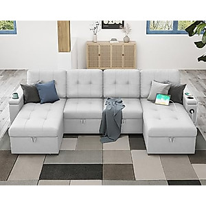 PaPaJet Pull Out Sofa Bed, 2 in 1 Sleeper Couch with USB Charging Stocket & Beverage Holders, Sectional Sofa Bed with Dual Chaise- Light Gray Chenille