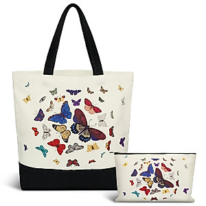 Butterfly Cute Canvas Tote Bag for Women Funny Aesthetic Tote Bag Canvas Makeup Bags with Zipper Butterfly Beach Tote Bag Reusable Cosmetic Grocery Bags for Girls Teacher Bride Shopping