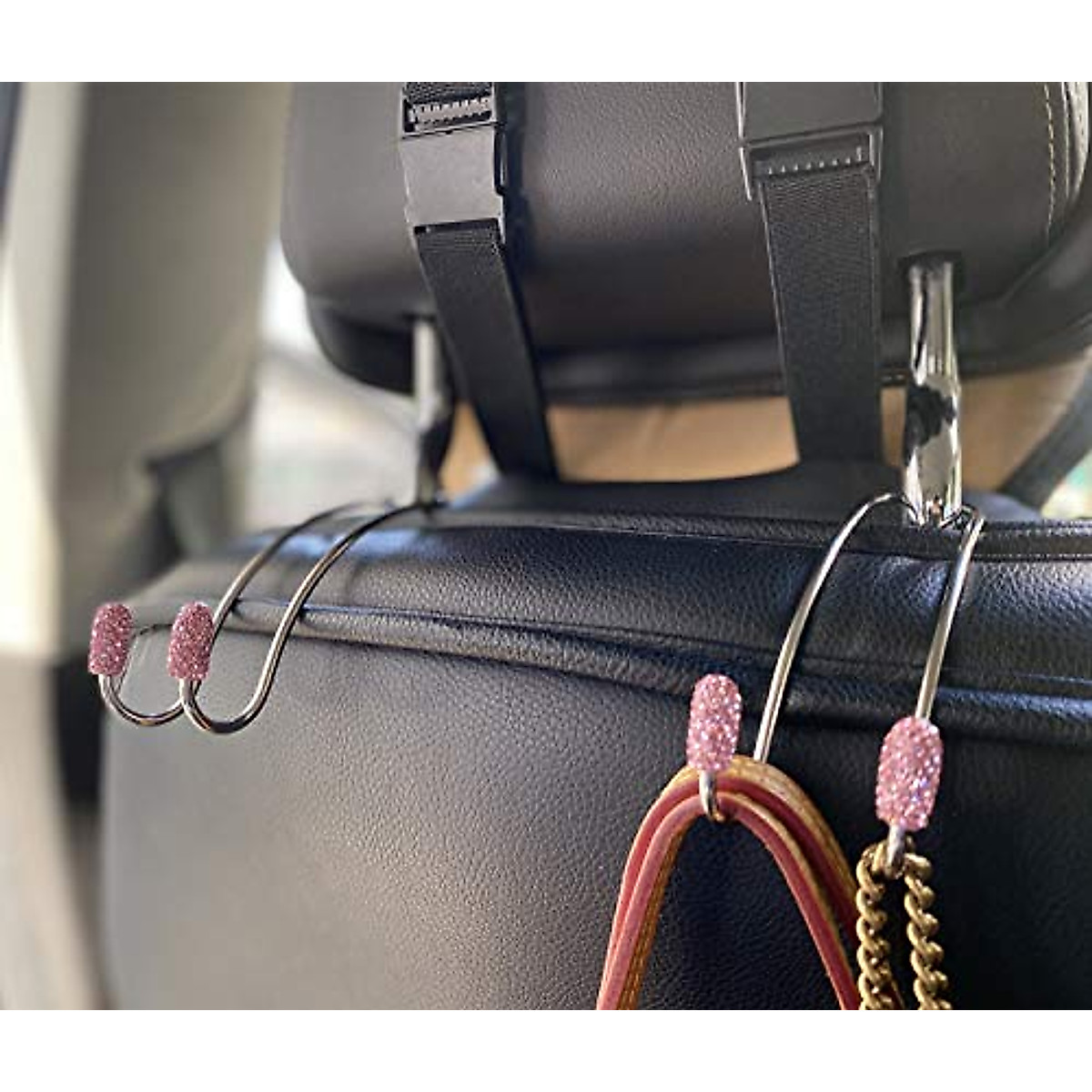 JOJOY LUX 2 Pack Seat Back Organizers, Bling Diamond Universal Car Headrest Hangers, Strong and Durable Auto Backseat Storage Hooks (Pink)