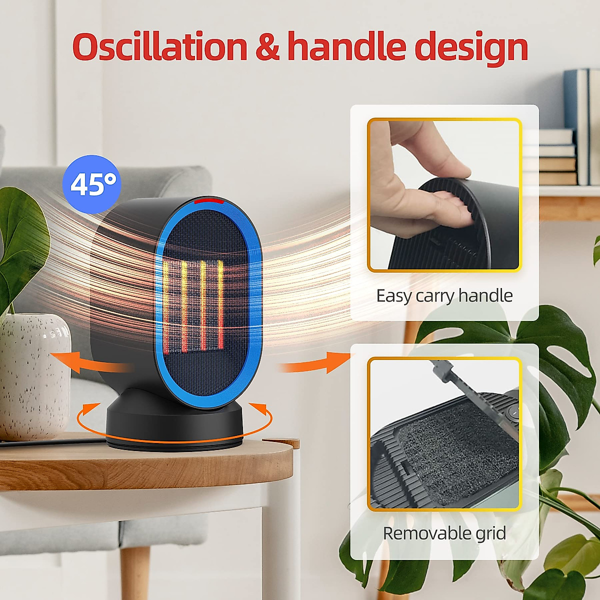 Portable Space Heater, Oscillating Desk Heater for Indoor Use，Electric PTC Ceramic Heaters with Tip-Over, Overheating Protection for Office, Bedroom, Home