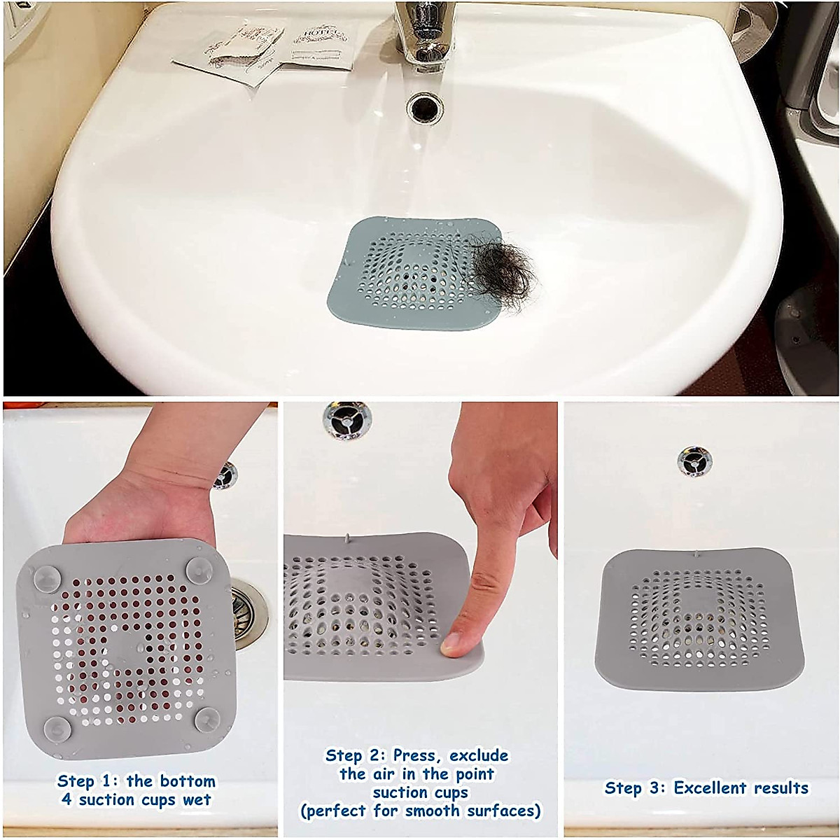 Hair Drain Catcher 4PCS, Raised Square Drain Cover with Suction Cup, Silicone Hair Catcher Hair Stopper Drain Cover for Bathroom Bathtub Kitchen