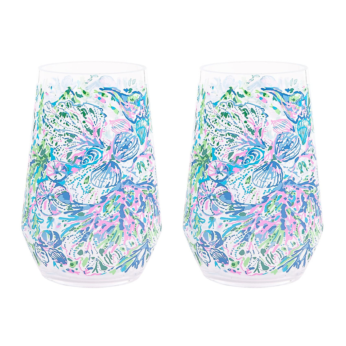 Lilly Pulitzer Stemless Wine Glass Set of 2, Large Acrylic Wine Glasses, 22 Ounce Plastic Cocktail Cups for Indoor/Outdoor, Soleil It On Me