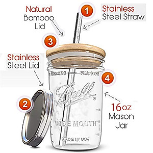 Reusable Boba Bubble Tea & Smoothie Cups - 2 Glass Wide Mouth 16oz Mason Jars with Bamboo Lids - 2 Reusable Silver Stainless Steel Boba Straws