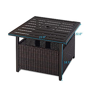 Giantex Outdoor Side Table with Umbrella Hole, Rattan/Wicker Umbrella Stand Table, Steel Metal Patio Bistro Table for Outdoor Deck Garden Pool, Brown