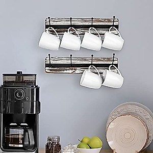 MyGift Wall Mounted Torched Solid Wood Coffee Mug Holder Rack with 4 Hooks, Wall Hanging Coffee Bar Mug and Cup Rack, Set of 2