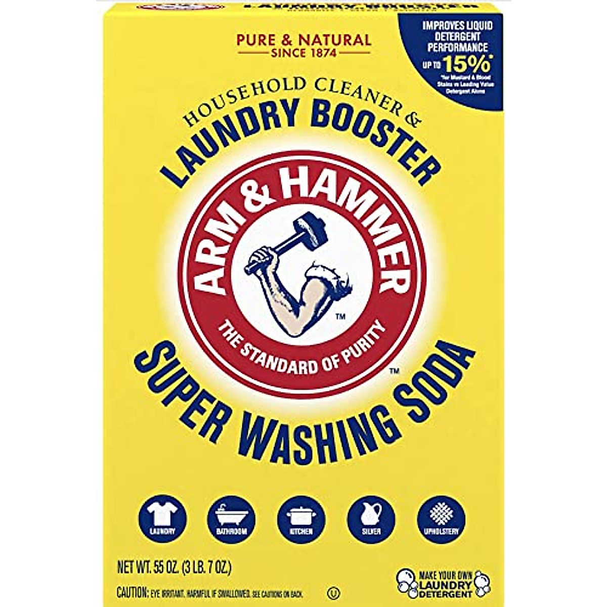 Arm & Hammer Natural Detergent Booster and freshener Super Washing Soda Detergent Booster & Household Cleaner, 55 oz