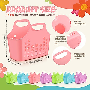 Nuogo 10 Pack Assorted Multicolor Basket with Handles Plastic Oval Carry Totes with Handles Caddy Multipurpose Organizer Reusable for Bathroom Dorm Communal Showers Kitchen School, 10.6" x 6" x 10"