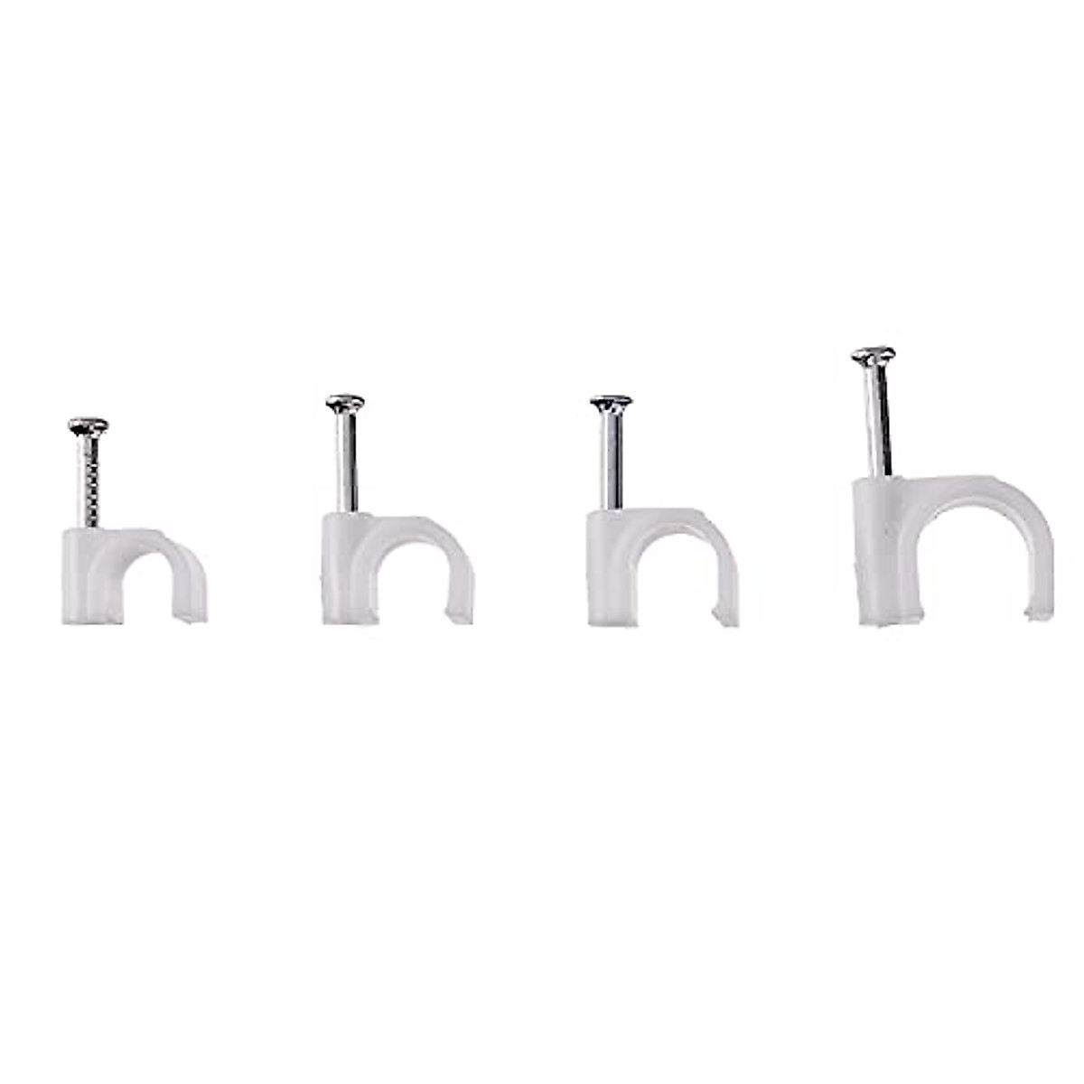 HUAREW 4 Sizes 400 Pcs White Plastic Steel Nail Cable Clips Apply to RG6 RG59 CAT5 CAT6 Ethernet/TV Wire/Telephone/Led Starlight/Print Cable Round Management Cable Wire Clips 6/7/8/10 mm