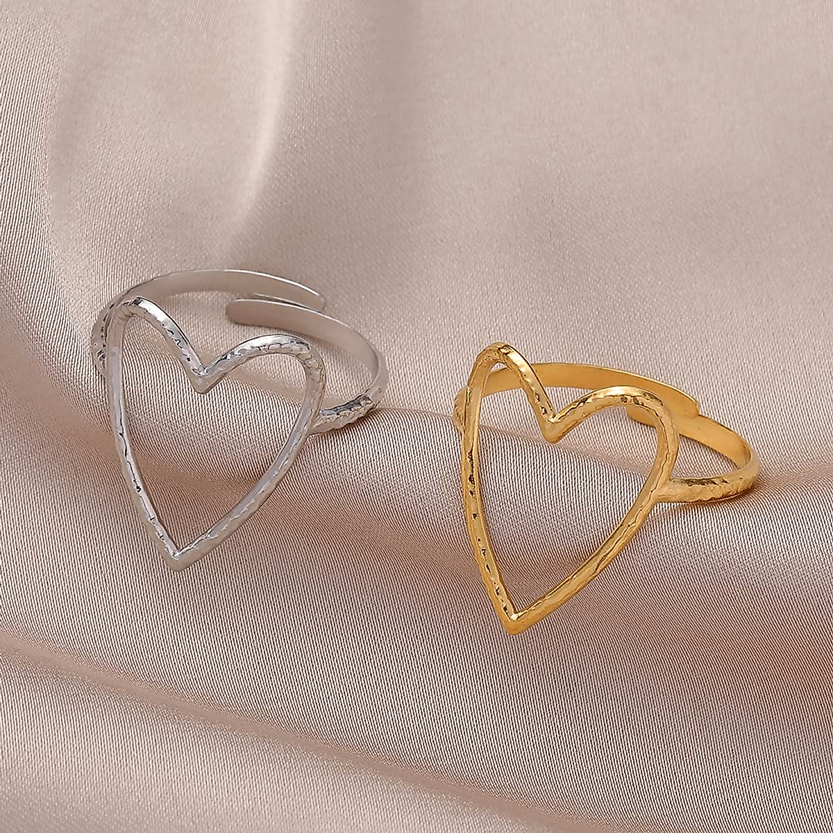 Beads & Pearls Jewelry 18K Gold Plated Stainless Steel Minimalist Trendy Large Open Heart Statement Adjustable Ring