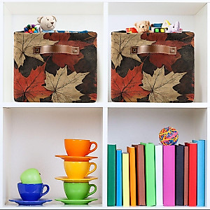 Maple Leaf Storage Basket,Vintage Fall Autumn Large Storage Bin Fabric Collapsible Organizer Bag with Handles 15x11x9.5 inch