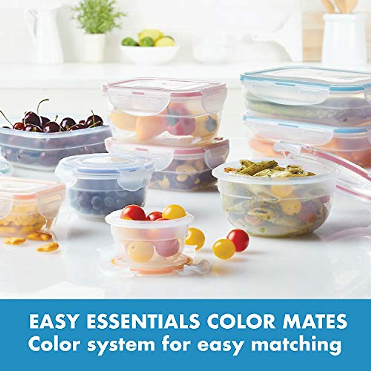 LOCK & LOCK Easy Essentials Color Mates Food Storage lids/Airtight containers, BPA Free, 18 Piece, Clear