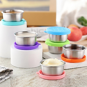 MONGSEW 6PCS Salad Dressing Container To Go, Small Condiment Containers with Leakproof Silicone Lids, Stainless Steel Condiment Containers for Lunch Bento Box, Work, School, Picnics (1.7oz each