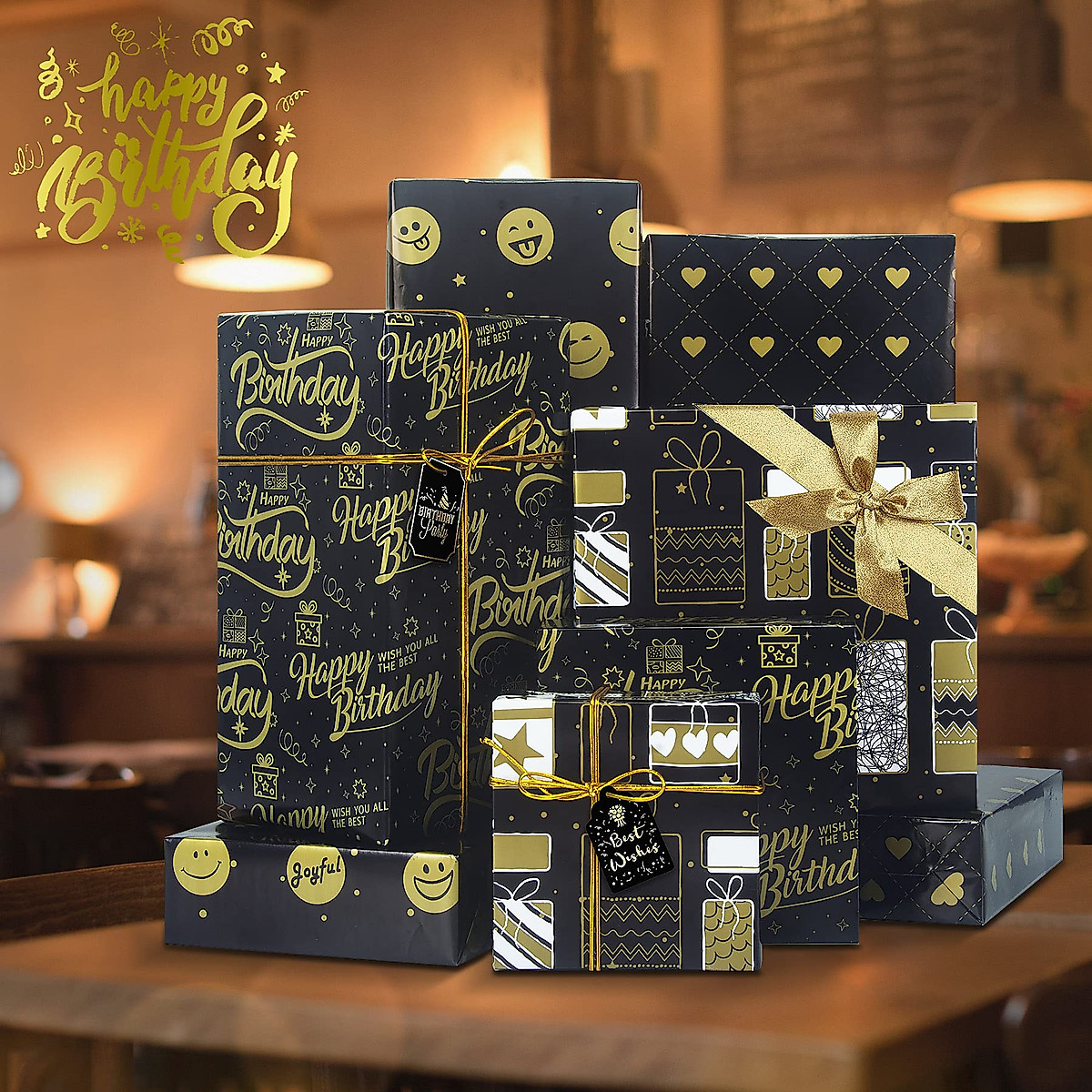 Larcenciel Birthday Wrapping Paper, Gift Wrapping Paper set, Black Gold Design w/Jute Twine and Gift tag, Gift Wraps for Birthday, Valentines, Christmas, Graduation, Baby Shower,4 Sheets 27.5x19.6inch