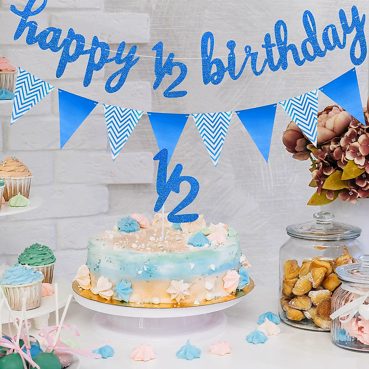 Half Birthday Decorations 6 Months Baby Boy Banner Cupcake Topper Pick 1/2 Half Year Cake Topper Triangle Flag Banner Confetti Balloons for Girl Boy Baby Shower (Dark Blue)