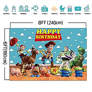 Toy Story Birthday Party Photography Backdrops Blue Sky White Clouds Banner Kids Birthday Party Photo Background Cake Table Decoration Supplies Studio Booth Props 8x6FT