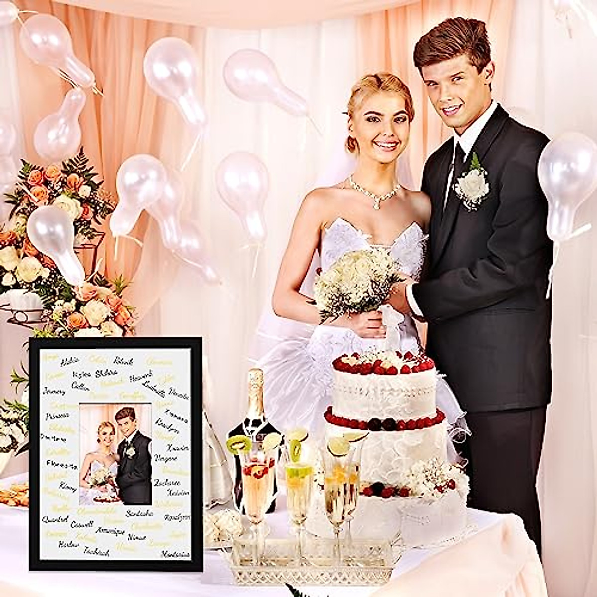 2 Pack 14 x 14 Inch Wedding Signature Picture Frame Displays 5x7 Photo with 2 Pcs Signature Pen for Wedding, Celebrations and Graduation, Black Wood Frame for Wall Hanging (11 x 14 Inch)
