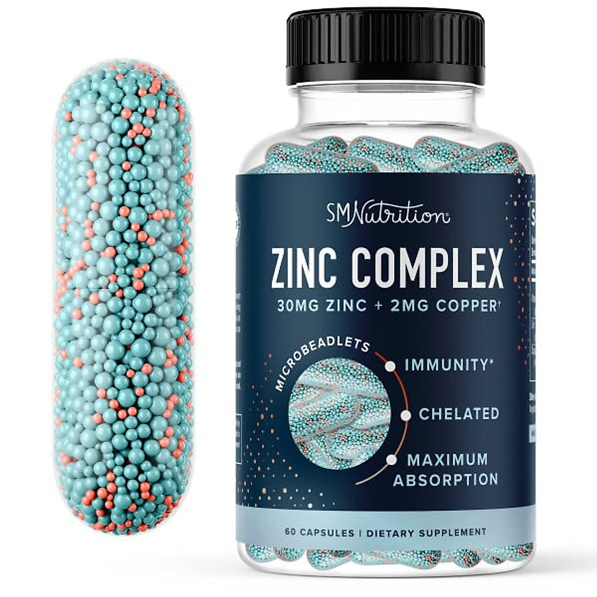 Zinc 30mg Microbeadlets with Copper | Highly Absorbable Zinc Bisglycinate & Orotate with 2mg Chelated Copper + Vitamin B6 | Vegan, Gluten-Free | Zinc Balance & Acne Support Supplements | 60 Capsules