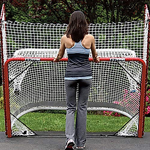 EZGoal 4' x 6' Hockey Folding Steel 2" Goal with 10' x 6' Backstop, 4 Targets Nets, a New Shooter Tutor and Wheels to Help Move The Goal, Red, (67099)