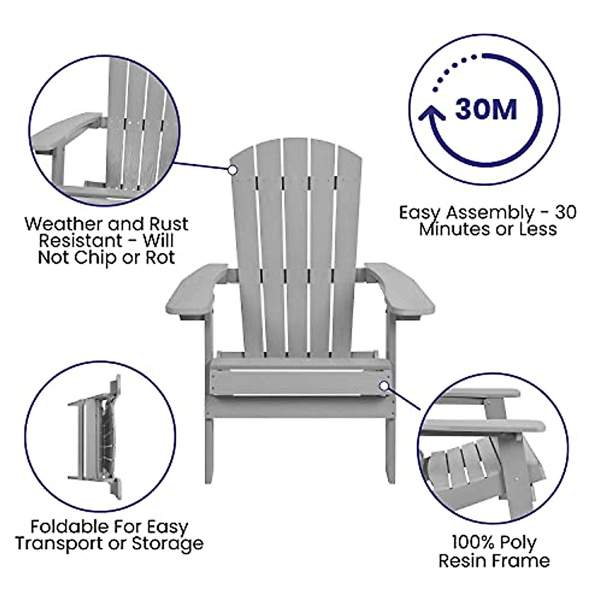 Flash Furniture Charlestown Folding Adirondack Chair - Gray - Poly Resin - Indoor/Outdoor - Weather Resistant - Set of 4