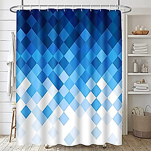 Geometric Blue Grid Triangle Abstract Bathroom Sets with Shower Curtain and Rugs and Accessories, Contemporary Blue Shower Curtain Sets, Blue Shower Curtains for Bathroom,Blue Bathroom Decor 4 Pcs