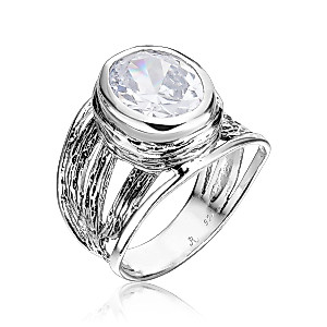 JEAN RACHEL JEWELRY 925 Sterling Silver Ring With White Oval Clear Cubic Zirconia Bezel, Hypoallergenic, Nickel and Lead-free, Artisan Handcrafted Designer Collection, Made in Israel