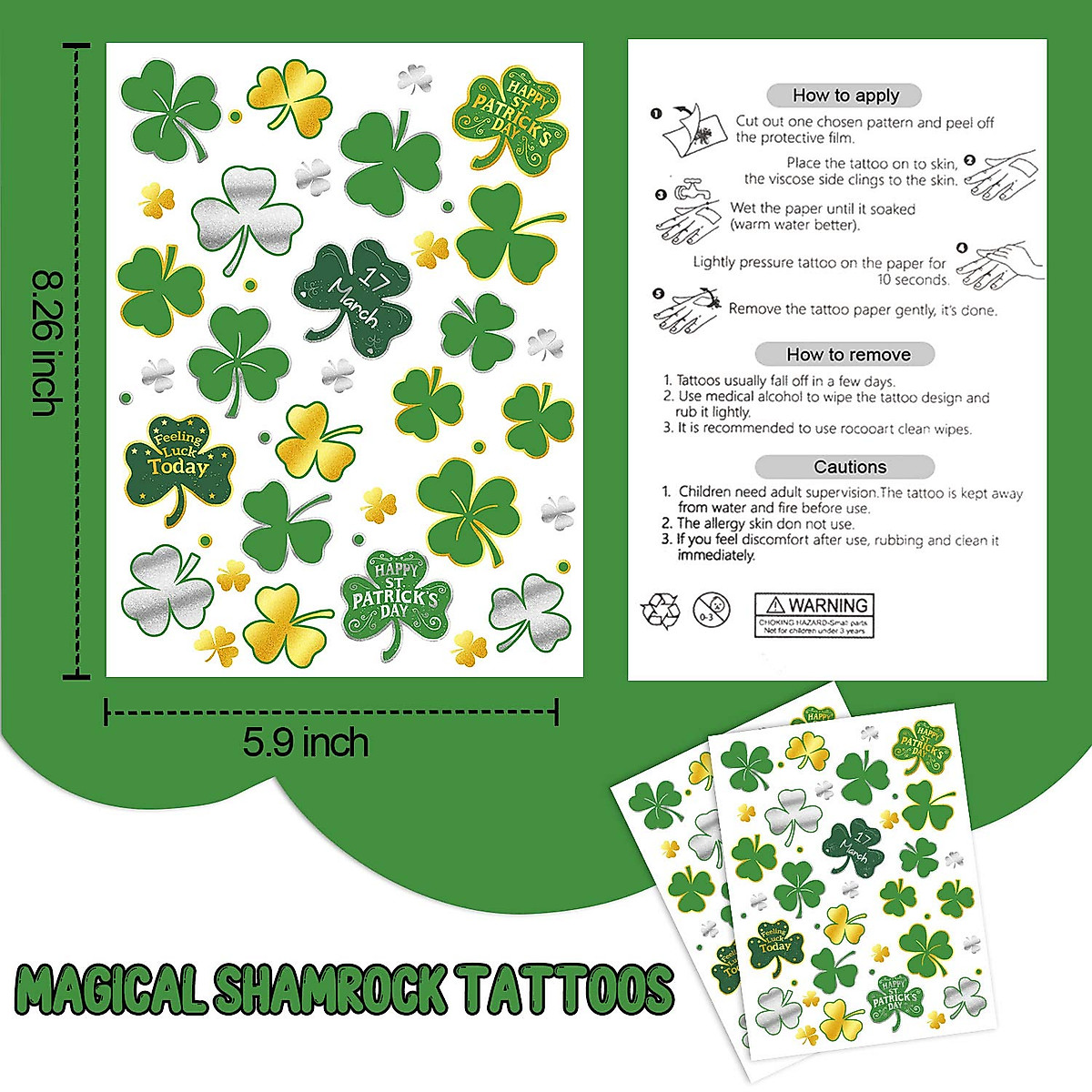Partywind 64 PCS St Patrick's Day Temporary Tattoos, Metallic Glitter Shamrock Face Stickers for Saint Patrick's Day Decorations Party Favors, Irish Shamrock Decor for Women, Men, Kids (2 Sheets)