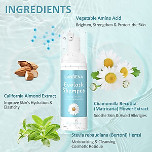 Eyelash Extension Cleanser, Lash Shampoo with 2 Brushes, Eyelash Extension Shampoo, Chamomile Eyelash Foam Cleaner, Paraben & Sulfate & Oil Free for Salon and Home Use (60ml 2 Fl Oz)