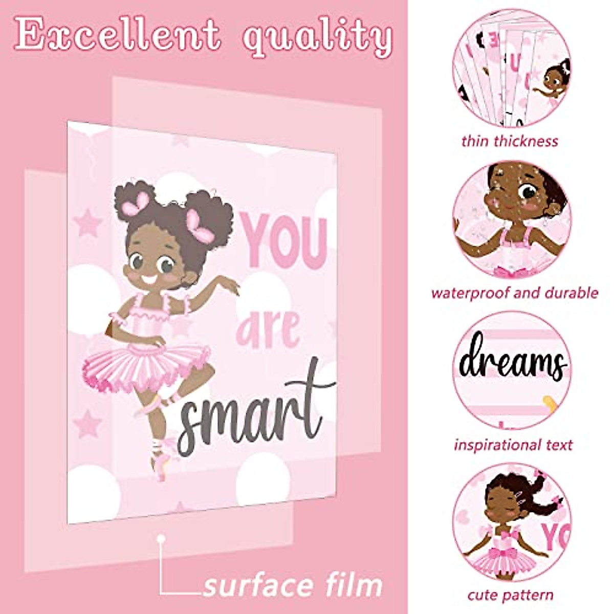9 Pcs Black Ballerina Wall Decor Black Toddler Girl Wall Art Motivational African Little Girls Pink Room Decor for Positive Pink Bedroom Wall Decor Ballerina African American Toddler Quotes Posters