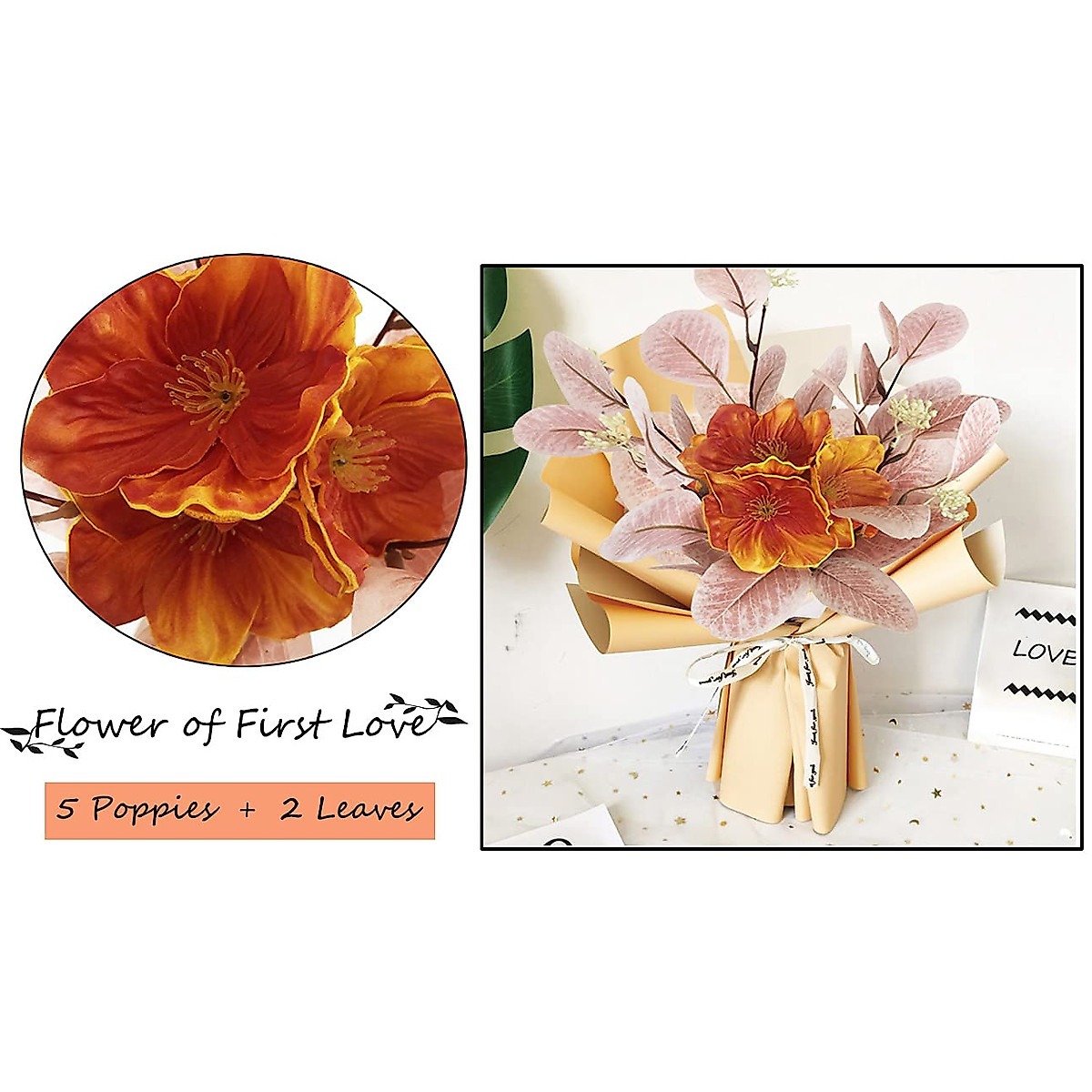 Auntroen Fake Flower Poppy Flower Leaf Combination Real Touch Latex Silk Fabric Artificial Flower, Kitchen Home Garden Party Wedding Decoration (Sunset+Pink) (B502)