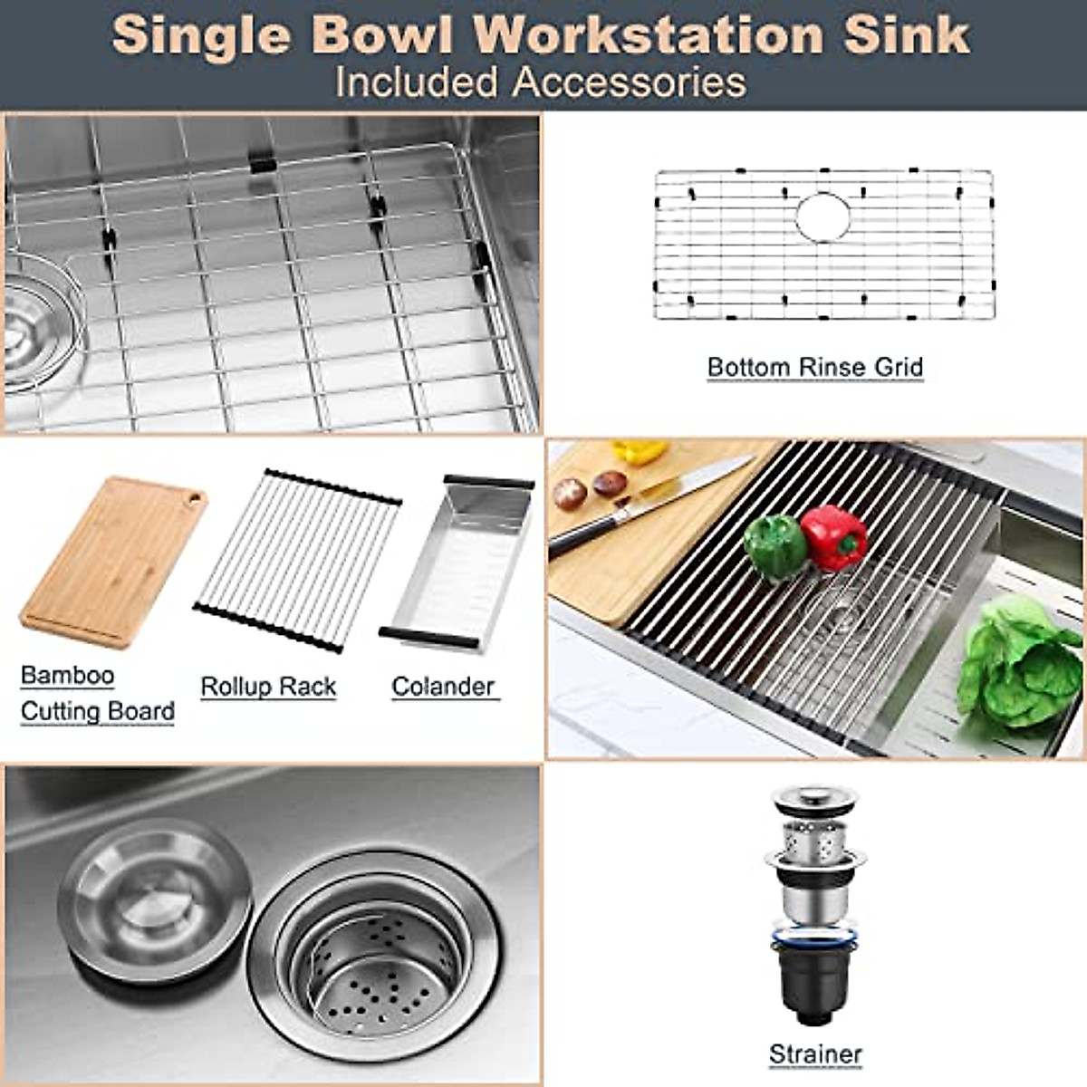 Herogo 33"X22" Workstation Kitchen Sink, 10 Deep Drop In Stainless Steel Topmount Single Bowl 2-Hole R10 Tight Radius Large Kitchen Sinks with Kit of 5 Accessories